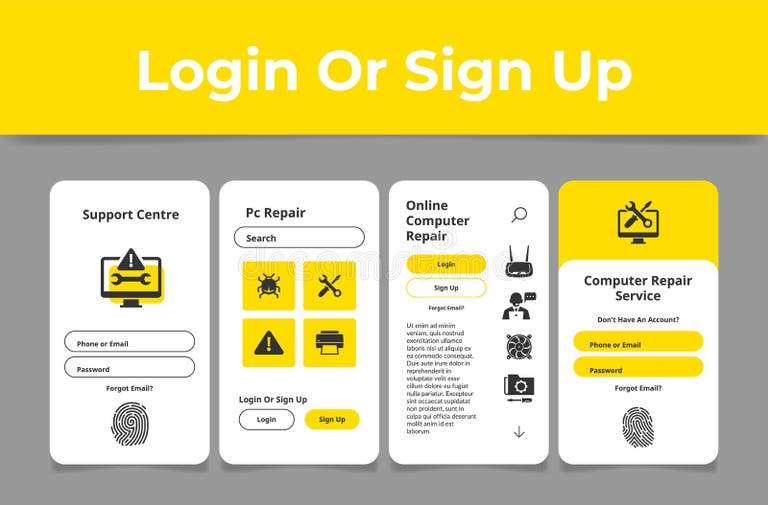 Computer Repair Online Mobile Application Screen Log in Sign Up ...