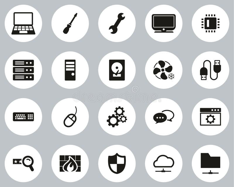 Computer Repair or Computer Service Icons Black & White Flat Design ...