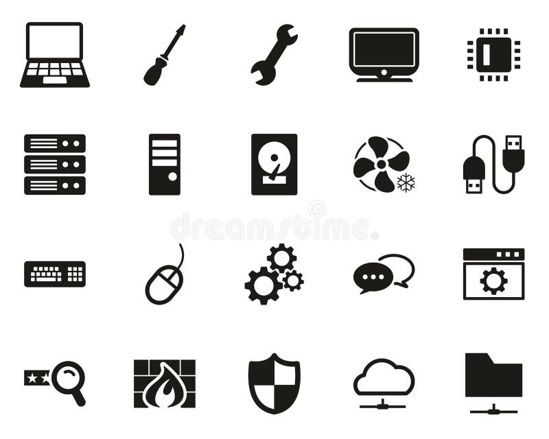 Computer Repair or Computer Service Icons White on Black Stock Vector ...