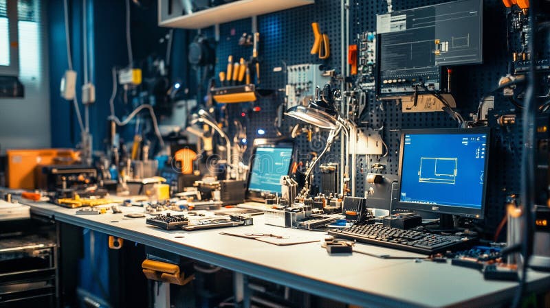 A Computer Repair Shop with a Large Table in the Center Stock ...