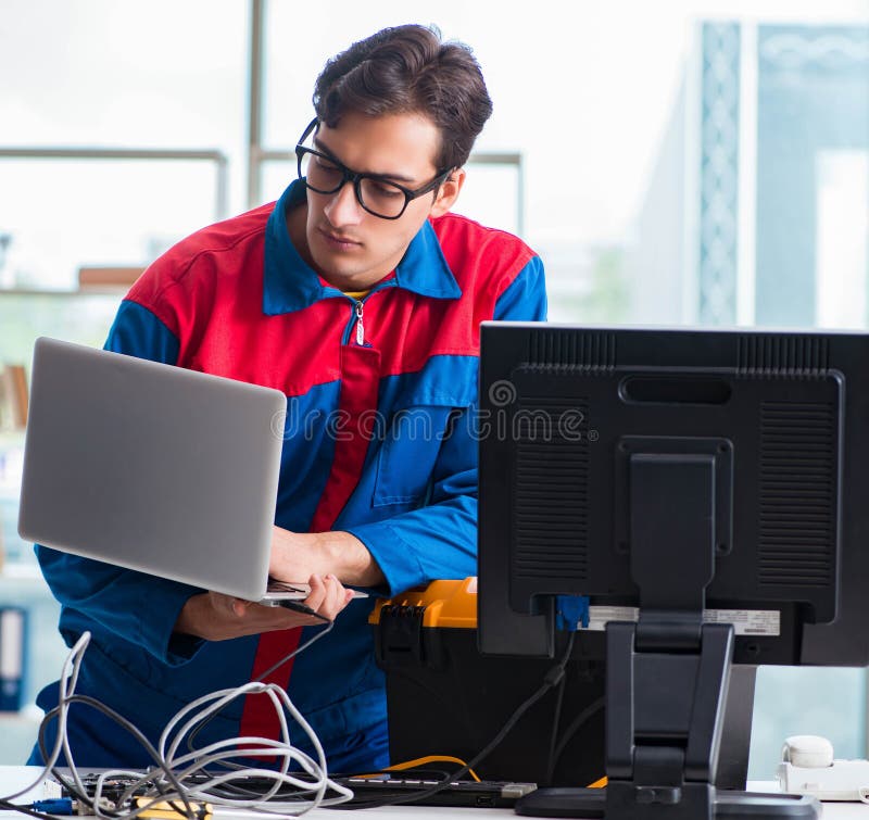 Computer Repairman Working on Repairing Computer in it Workshop Stock ...