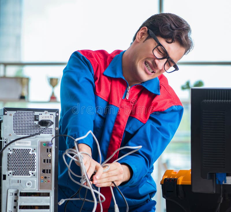 Computer Repairman Working on Repairing Computer in it Workshop Stock ...