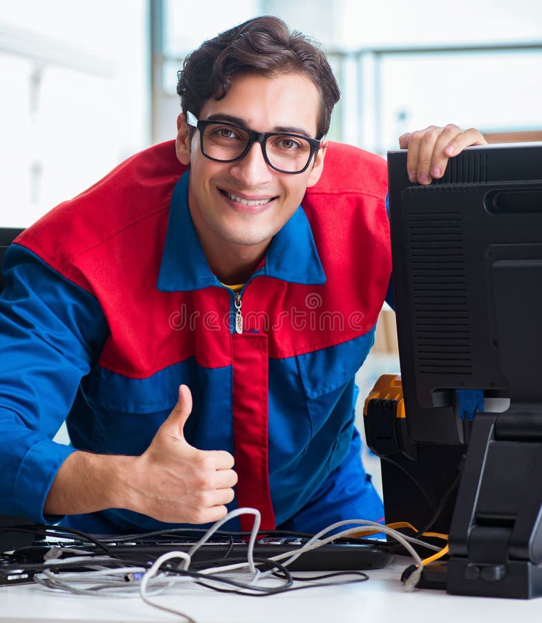 Computer Repairman Working on Repairing Computer in it Workshop Stock ...