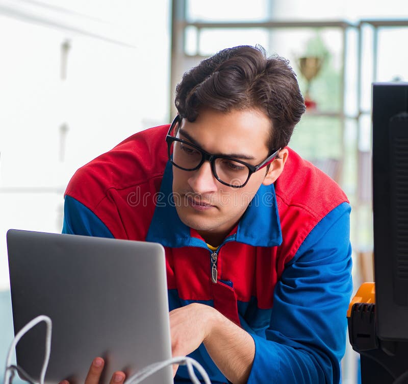 Computer Repairman Working on Repairing Computer in it Workshop Stock ...