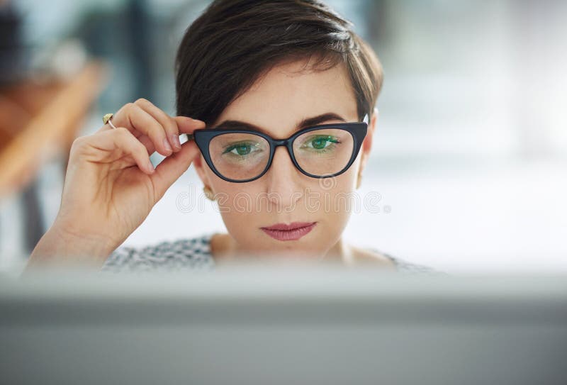 Computer, Research and Glasses with Business Woman in Office for Online ...