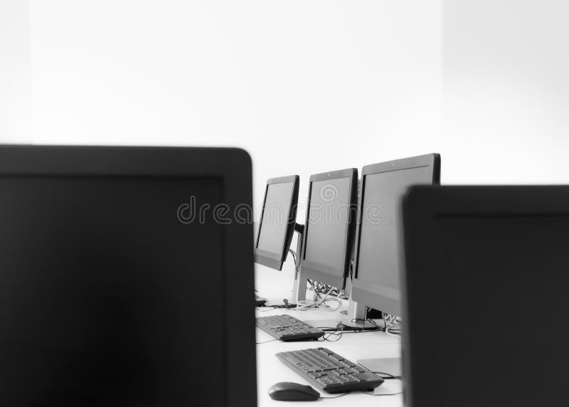 Computer Room in Black and White Stock Image - Image of monitor ...