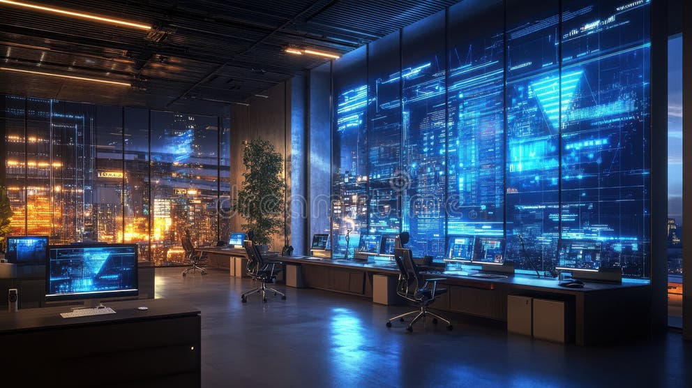 A Computer Room with a Blue Background and a City View Stock Photo ...