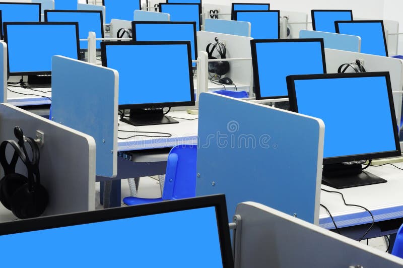 Computer room blue screen stock photo. Image of desktops - 14732892