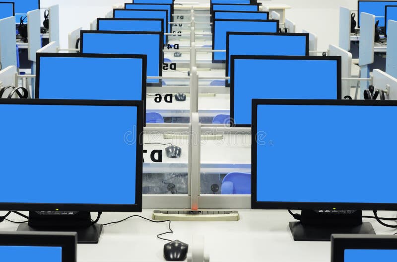 Computer room blue screen stock photo. Image of desktops - 14732892