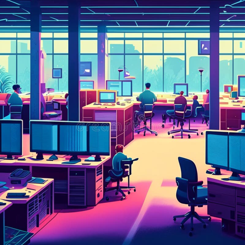 Computer Room with Computers and People Silhouettes. 3d Render ...