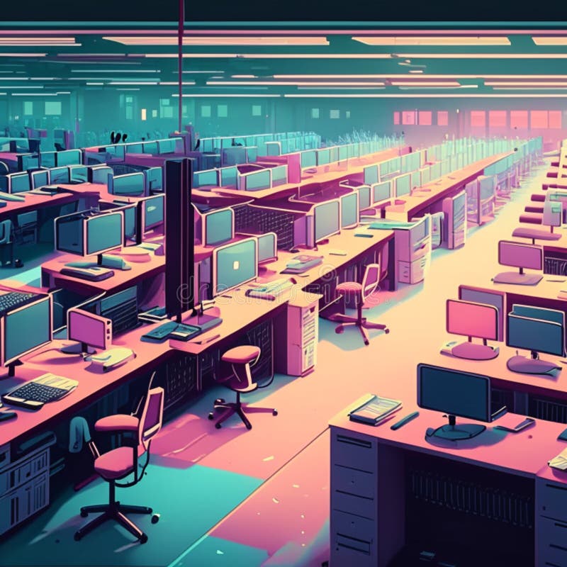 Computer Room With Computers And Tables 3d Illustration Stock Illustration Illustration Of