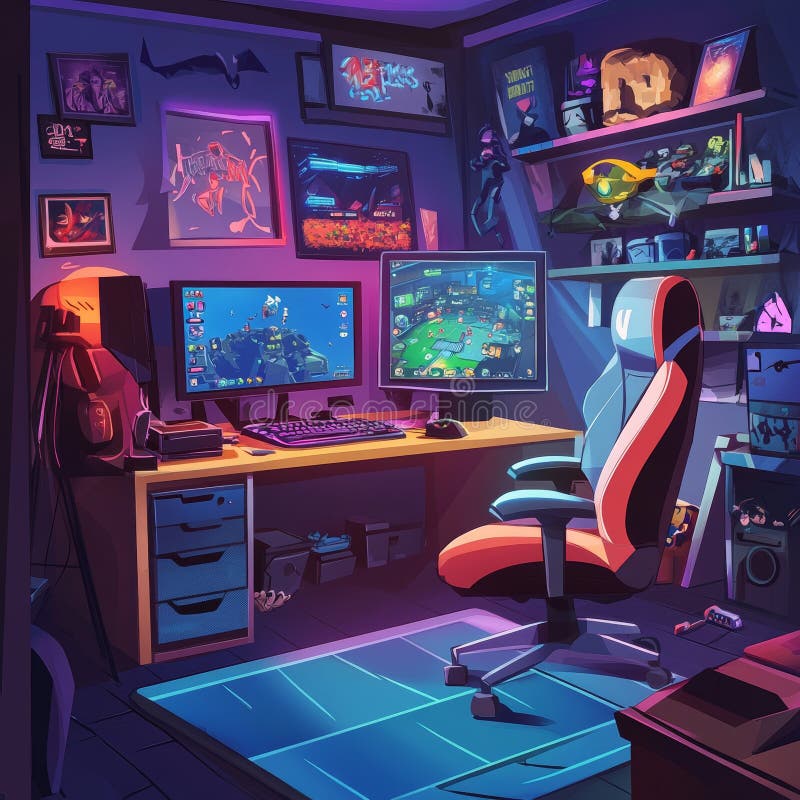 Computer Room with Gamer Workspace. Colorful Vector Illustration in ...
