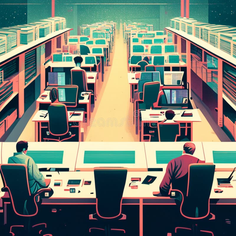 Computer Room Interior with Computers and People Sitting at Desks in ...