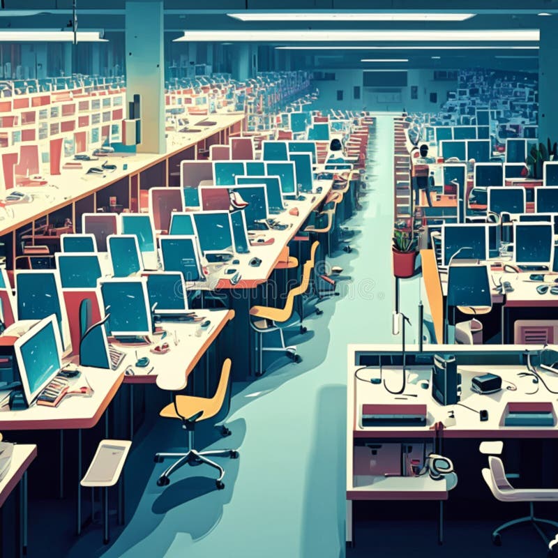 Computer Room Interior with Rows of Empty Computers and Chairs, 3d ...