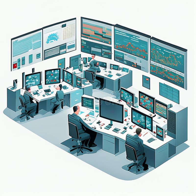 Isometric Vector Illustration of a Large Control Room with Computers ...