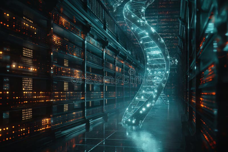A Computer Room with a Long Blue Glowing Spiral Staircase Stock ...