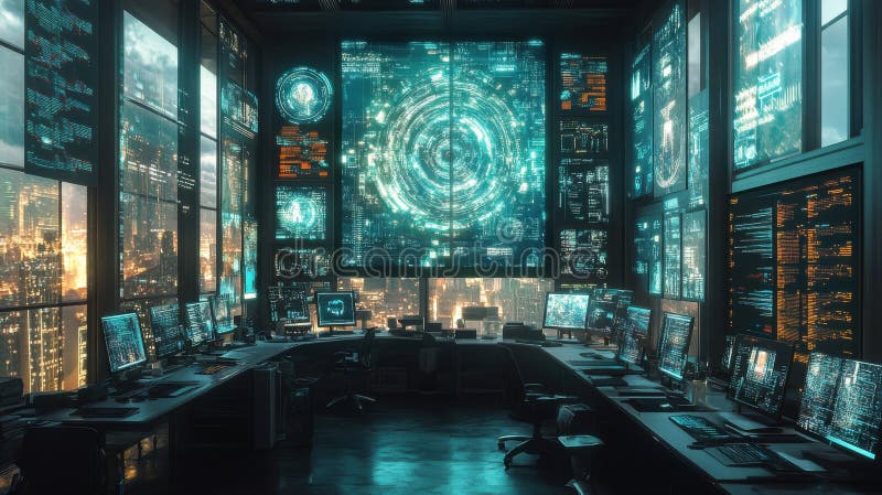 A Computer Room with Many Monitors and a Large Screen Stock Image ...