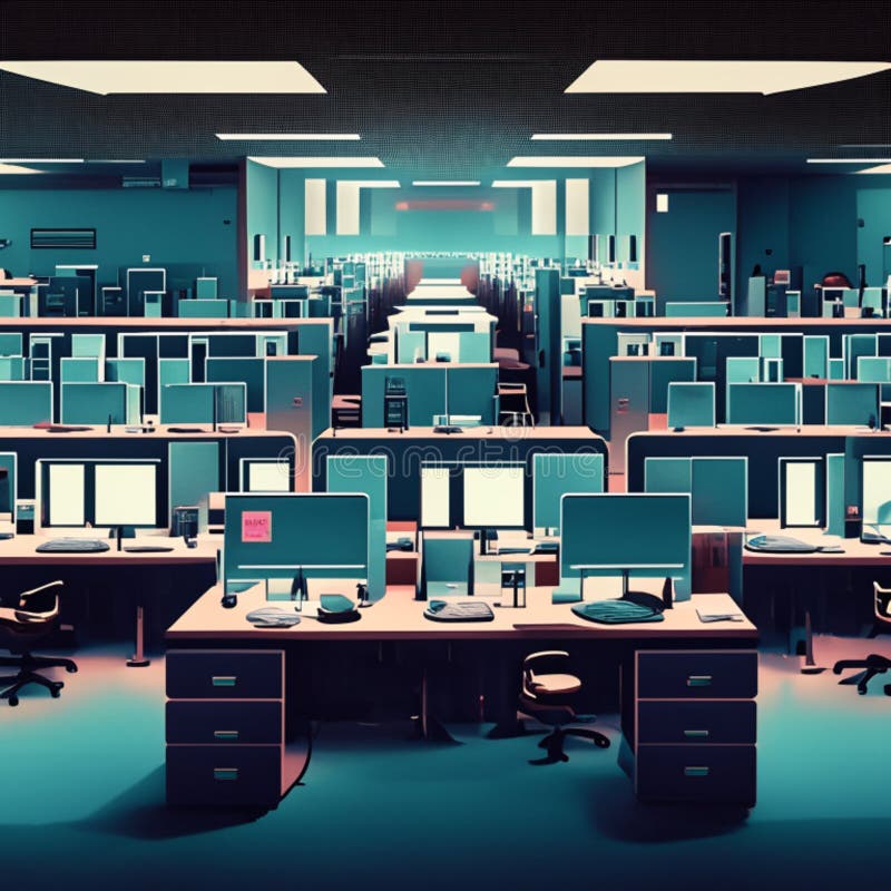 Computer Room in Modern Office 3D Rendering Illustration. Workplace ...