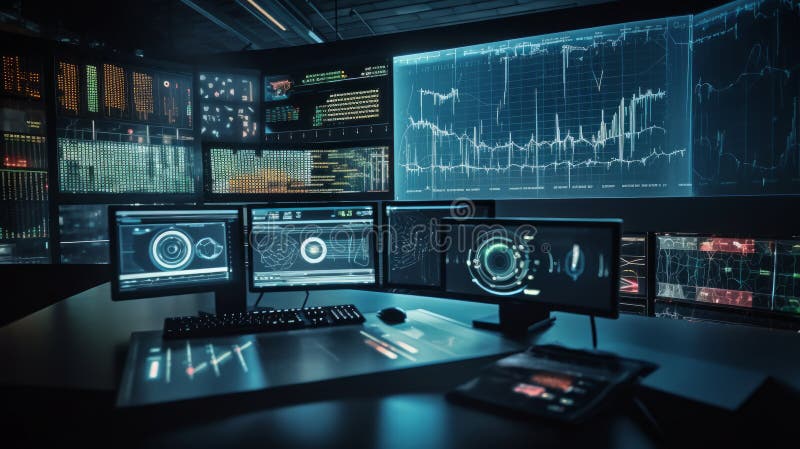 A Computer Room with Multiple Monitors and a Display of Data. AI Stock ...