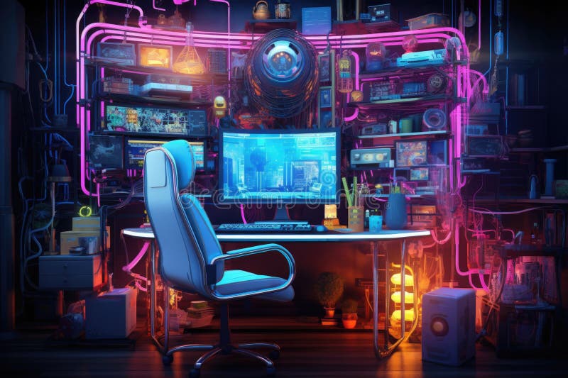 Computer Room with Neon Lights and Chair. Dark Room with Computer ...