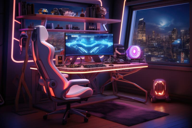 Computer Room with Neon Lights and Chair. Dark Room with Computer ...