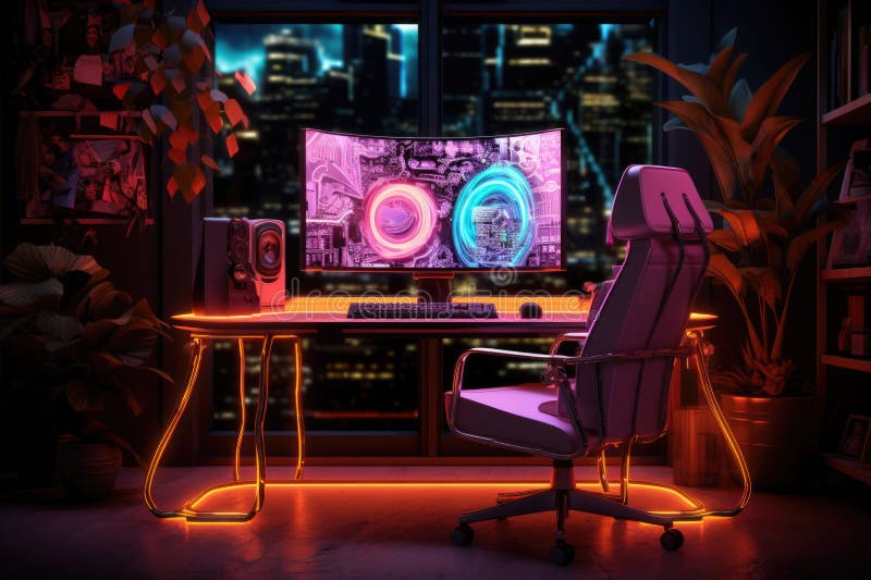 Computer Room with Neon Lights and Chair. Dark Room with Computer ...