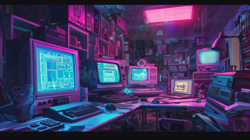 A Computer Room with Neon Lights and Old Computers Stock Image - Image ...