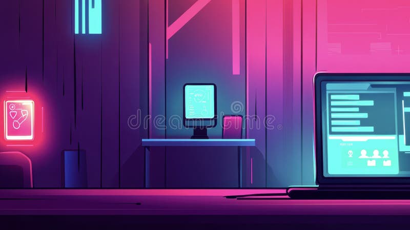 A Computer Room with a Neon Sign on the Wall Stock Illustration ...