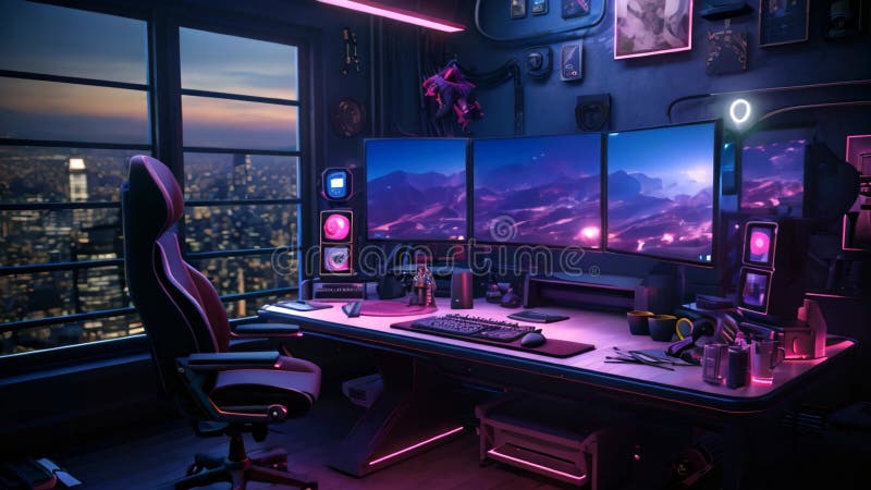 Computer Room with Night City View. 3D Rendering Toned Image, a ...