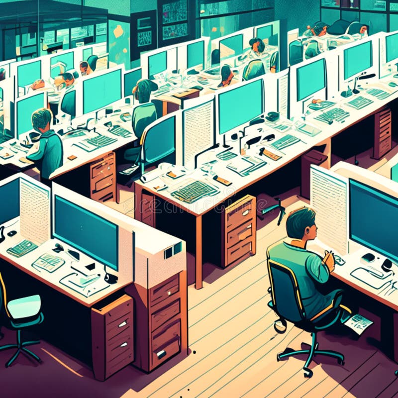 Computer Room with Computers and People Working in it Office 3d ...