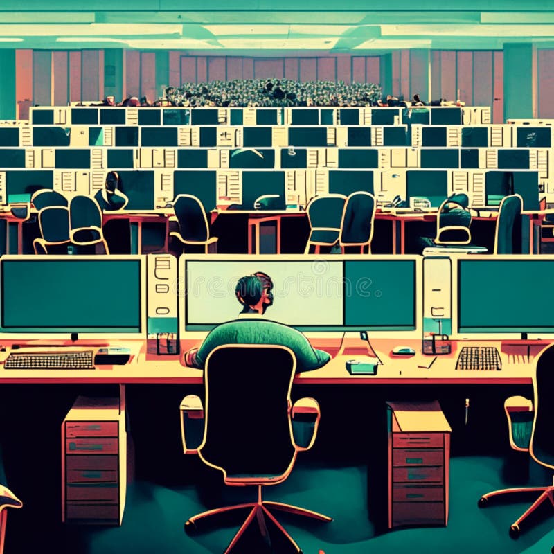 Computer Room with Rows of Computer Desks and Chairs. 3d Rendering ...