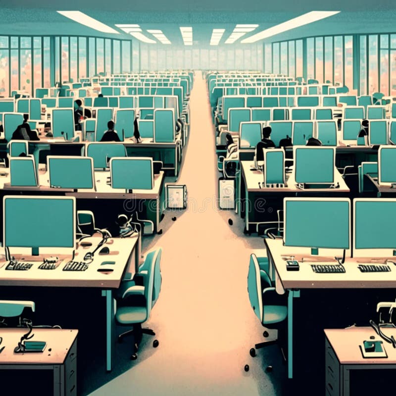 Computer Room With Rows Of Computer Desks 3d Rendering 3d