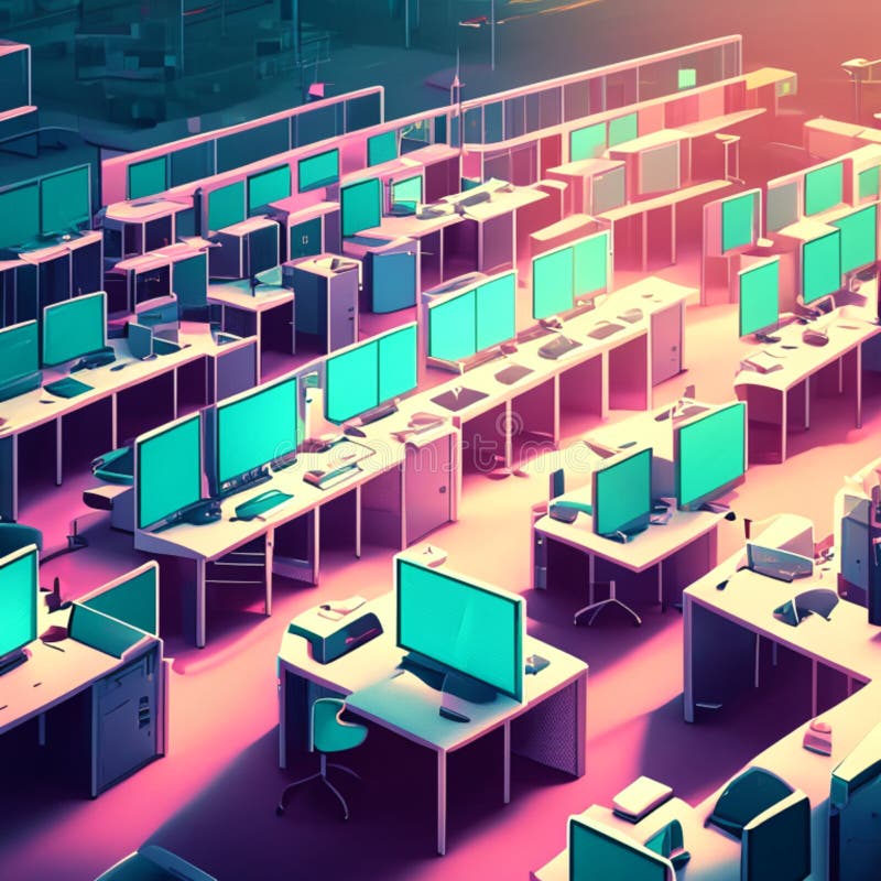 Computer Room With Rows Of Computer Monitors 3d Render Illustration