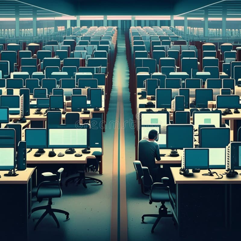 Computer Room with Rows of Computer Monitors. 3d Rendering, 3d Illustration Stock Illustration ...