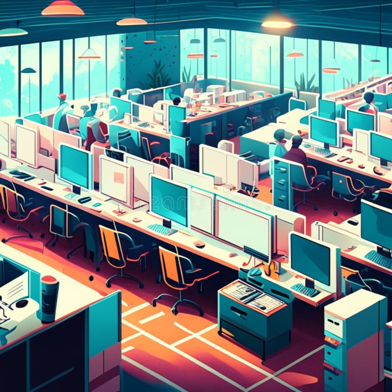 Computer Room with Rows of Computers. 3D Illustration. 3D CG. High Resolution Stock Illustration ...