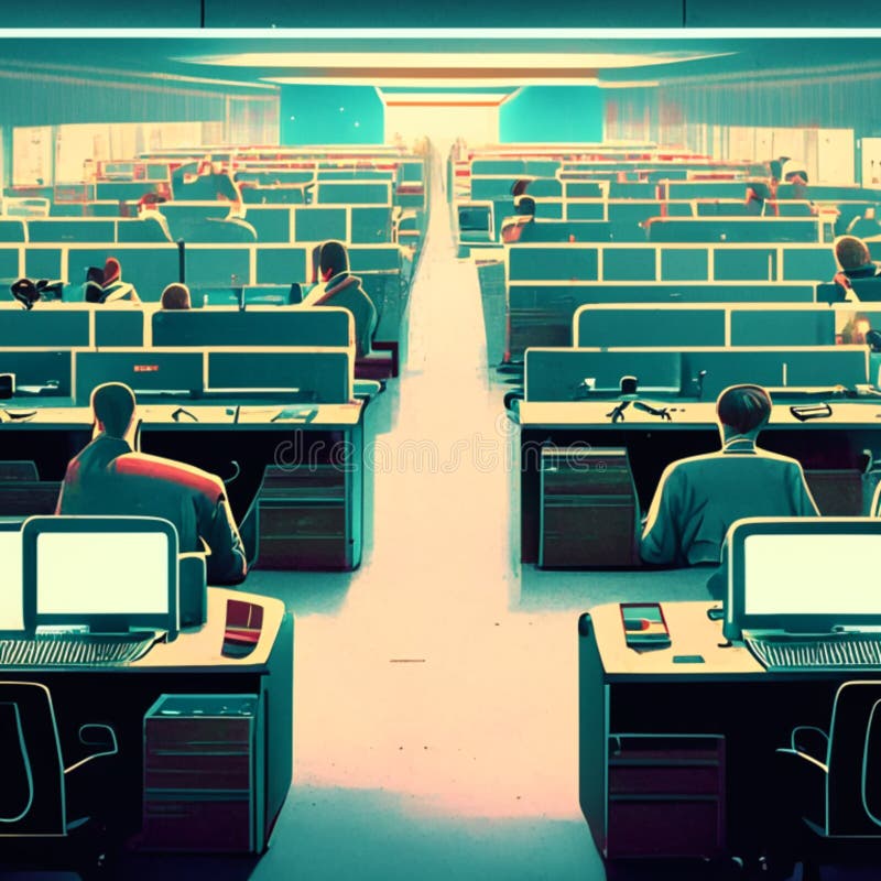 A Computer Room with Rows of Computers and People Silhouettes. 3d ...