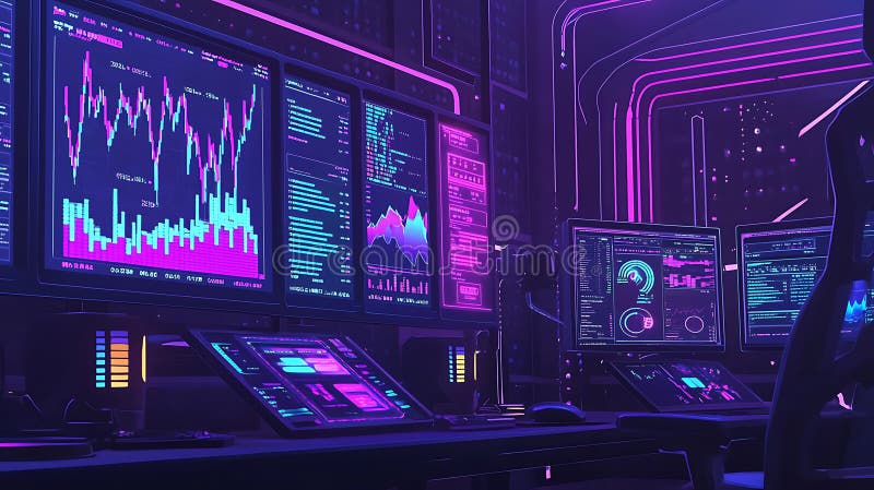 A Computer Room with Several Monitors Displaying Various Graphs and Numbers Stock Photo - Image ...