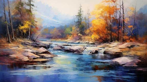 Autumn River: a Striking Landscape Oil Painting in the Style of Dimitra Milan Stock Illustration ...