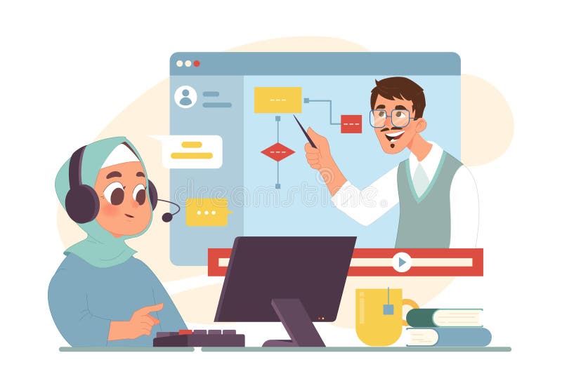 Computer Science Online Class for Kids. Little Girl in Hijab Programming Stock Vector ...