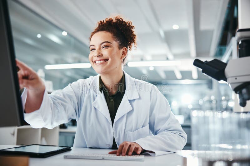 Computer, Science and Smile with Woman Pointing in Laboratory for ...
