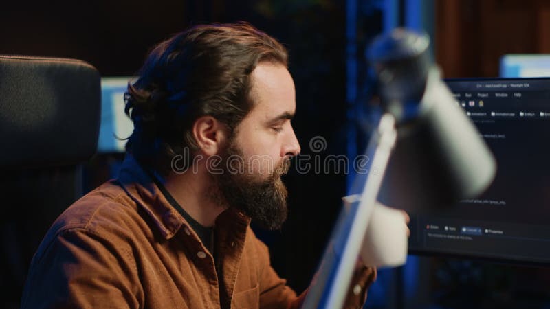 Computer Scientist Drinking Cup of Coffee while Developing Code on PC Stock Footage - Video of ...