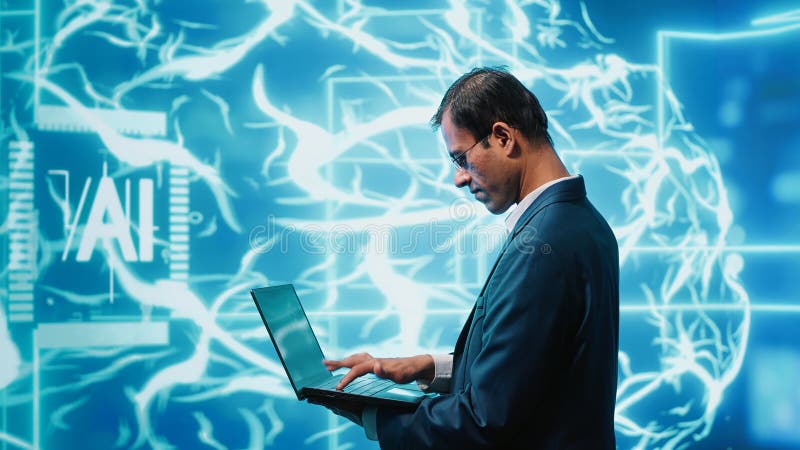 Computer Scientist Solving Tasks on Laptop, Running AI Programming Stock Image - Image of ...