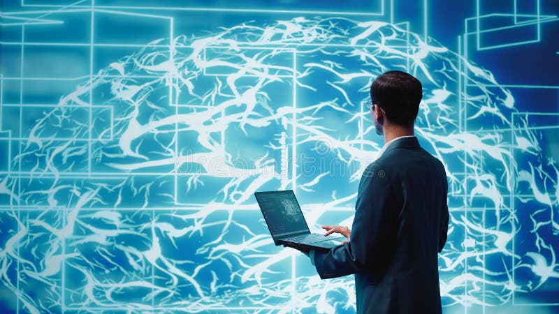 Computer Scientist Solving Tasks on Laptop, Running AI Programming ...