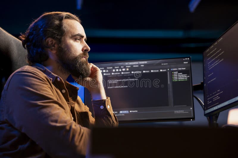 System Admin in Living Room Inspecting Lines of Code on Desktop PC Monitor Stock Image - Image ...