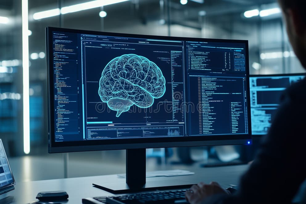 A Computer Screen with an AI Brain Interface on it Stock Illustration ...