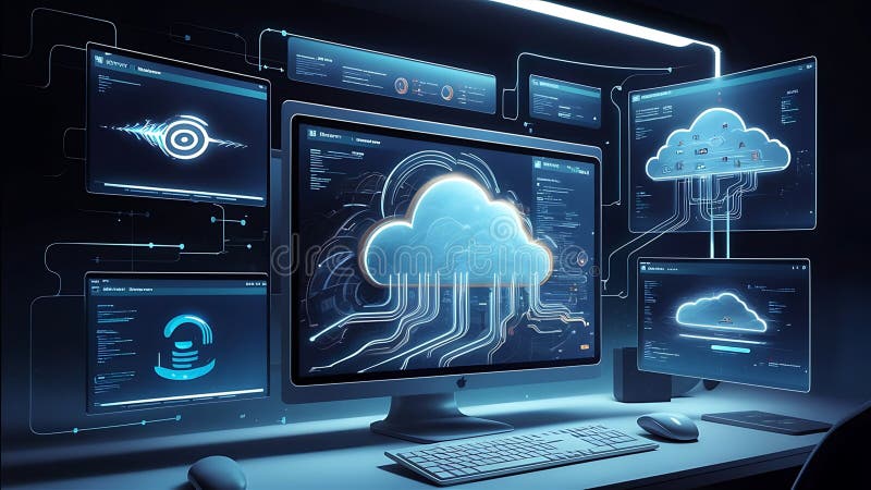 A Computer Screen with a Blue Background and a Blue Screen with a Cloud ...