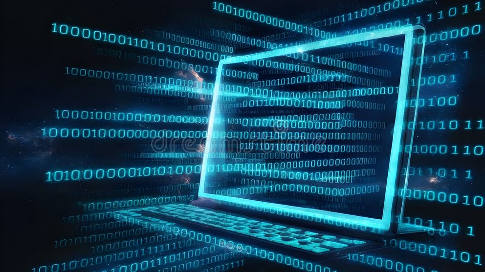 Computer Screen with Blue Digital Binary Data Stock Illustration ...