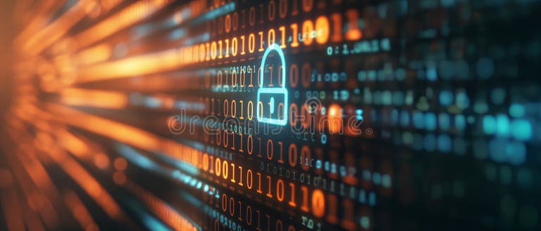 A Computer Screen with a Blue and Orange Lock Symbol. Digital Security ...