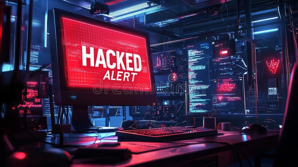 Computer Screen with a Bright Red HACKED ALERT Message Stock Photo ...