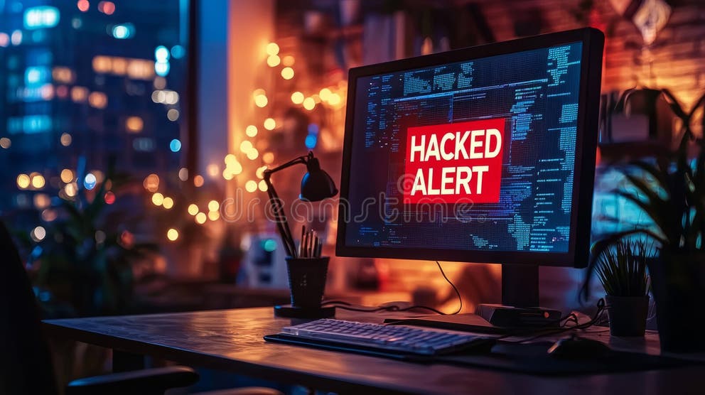 Computer Screen with a Bright Red HACKED ALERT Message Stock Photo ...